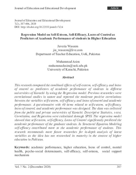 Pdf Regression Model On Self Esteem Self Efficacy Locus Of Control As Predictors Of Academic