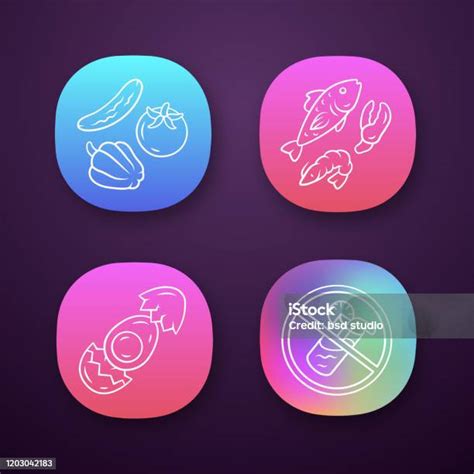 건강 하게 균형 잡힌 먹는 응용 프로그램 아이콘 세트 높은 비타민과 오메가 3 음식 Ui Ux 사용자 인터페이스 청량 음료 기호가 없습니다 계란 야채와 생선 웹 또는 모바일