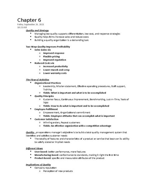 Chapter 6 Lecture Notes 6 Chapter 6 Friday September 24 2021 10 23 Am Quality And Strategy