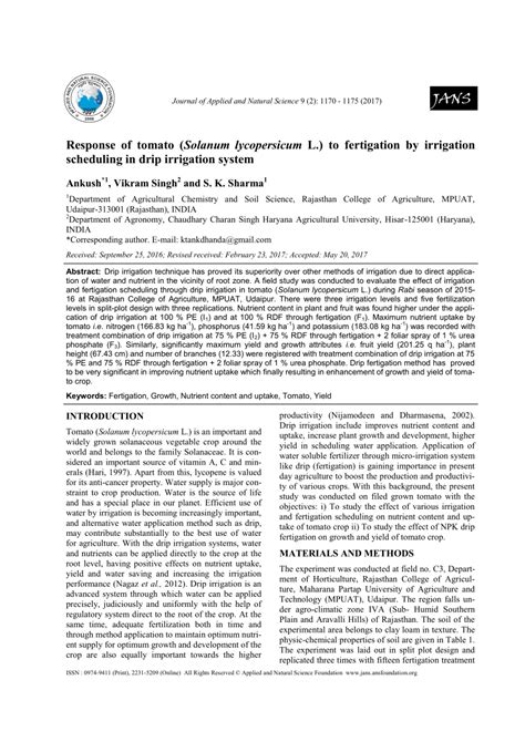 Pdf Response Of Tomato Solanum Lycopersicum L To Fertigation By Irrigation Scheduling In
