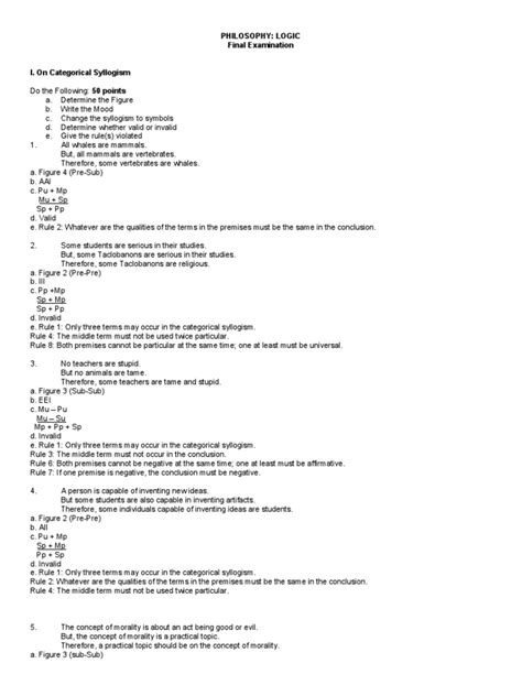 Philosophy Logic Final Examination I On Categorical Syllogism Pdf Reasoning Metaphilosophy