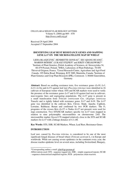 Pdf Identifying Leaf Rust Resistance Genes And Mapping Gene Lr37 On