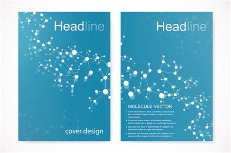 과학적인 브로셔 디자인 서식 파일입니다 벡터 전단지 레이아웃 연결된 라인 및 점 분자 구조 잡지 전단지 커버 포스터 디자인 요소와의 과학적인 패턴 원자 Dna 0명에 대한