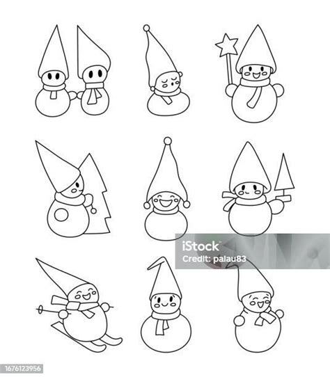 귀여운 크리스마스 눈사람입니다 색칠 공부 페이지 다른 스카프와 모자에 쾌활한 성격 벡터 그리기 디자인 요소 모음입니다 가공의 인물에 대한 스톡 벡터 아트 및 기타 이미지