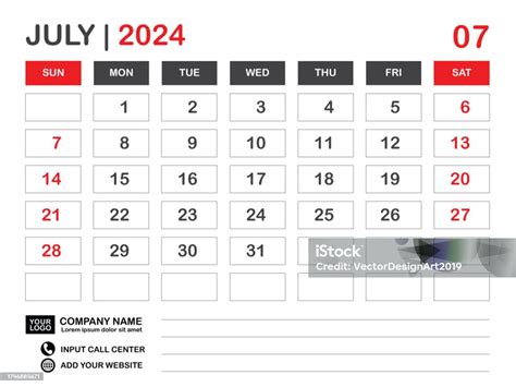 Vetores De Calendário 2024 Modelo Julho 2024 Layout Calendário De Mesa