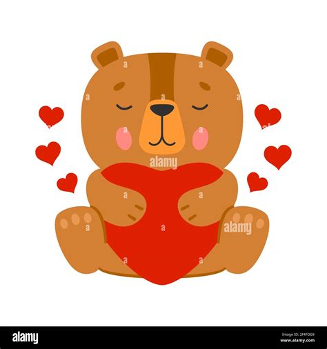 Vector Illustration Of Cute Cartoon Brown Teddy Bear Character With Red