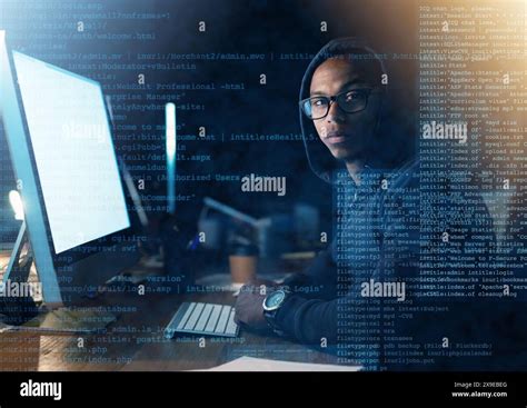 Portrait Overlay And Man Hacking Computer With Coding For Cybercrime Software Development And
