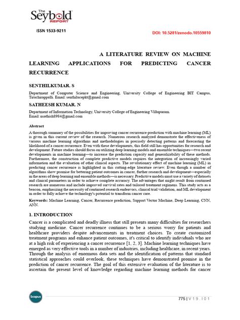 Shaping The Future A Literature Review On Machine Learning Applications For Predicting Cancer