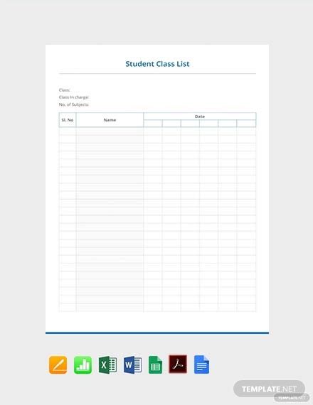 Class List Template Word Excel PDF Format Download