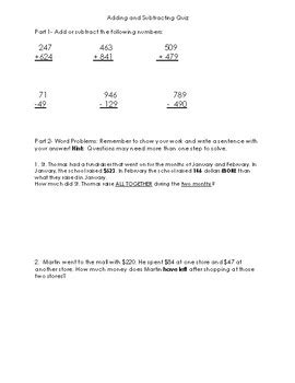 Gr 3 4 Adding And Subtracting Quiz By Miss Ammerata TPT