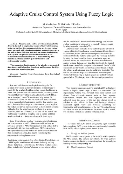 pdf adaptive cruise control system using fuzzy logic