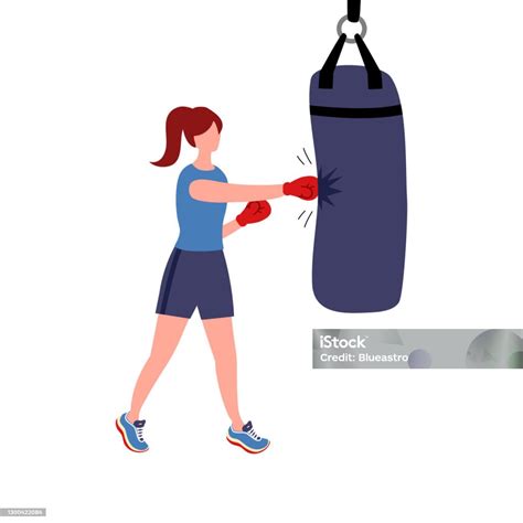 평평한 디자인의 여성 펀칭 샌드백 흰색 배경에 무에타이 복싱 트레이닝 컨셉 벡터 일러스트레이션 권투 스포츠에 대한 스톡 벡터