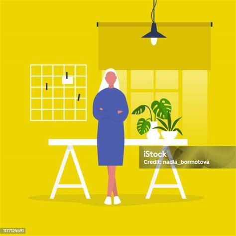 회사의 젊은 Ceo 책상에 기대어 백인 여성 캐릭터 사무실 생활 마케팅 관리 플랫 편집 가능한 벡터 일러스트레이션 클립 아트 비즈니스에 대한 스톡 벡터 아트 및 기타 이미지