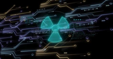 Digital Circuits And Data Processing Animation With Nuclear Symbol On Dark Background Stock