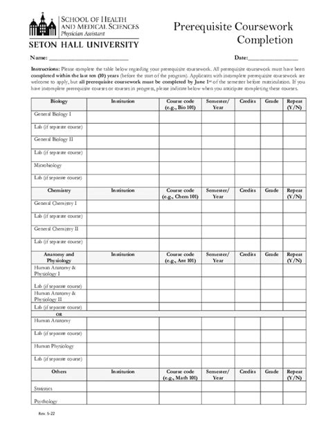 Fillable Online Minimum Prerequisites For Application Physician