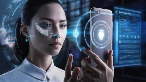 Premium Photo Female Scans Face Using Facial Recognition System On Smartphone For Biometric