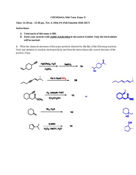 Midterm II Keys Moodle CHEM A Mid Term Exam II Time Am Pm Nov