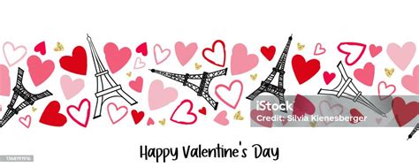 로맨틱 한 손으로 그린 에펠 탑 원활한 패턴 낙서 하트와 멋진 발렌타인 데이 배경 직물 배너 배경 화면 포장에 대 한 좋은 벡터 디자인 에펠탑에 대한 스톡 벡터 아트 및