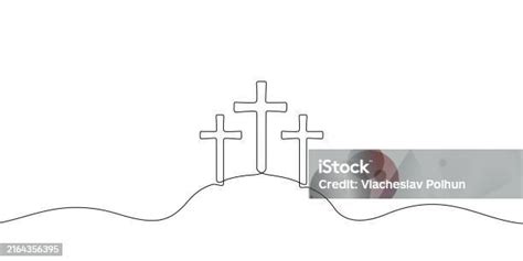 세 개의 십자가가 있는 갈보리 언덕 종교적인 기독교 상징입니다 손으로 그린 연속 선입니다 크로스 벡터 일러스트 레이 션 3가지 개체에 대한 스톡 벡터 아트 및 기타 이미지