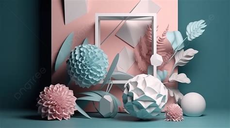 꽃과 종이로 만든 3d 애니메이션 3d 렌더링 그림 꽃 식물과 기하학적 모양을 가진 추상적인 기하학적 구성 고화질 사진 사진