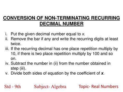 subject algebra std 9th subject algebra topic real numbers ppt
