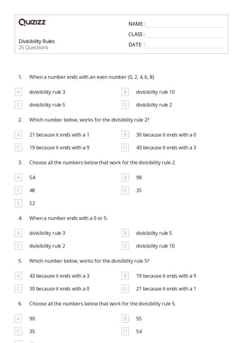 50 Divisibility Rules Worksheets For 5th Grade On Quizizz Free Printable