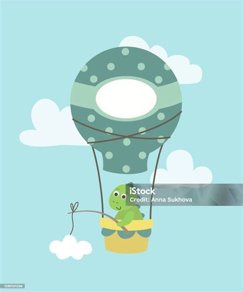 구름을 잡는 풍선에 귀엽고 작은 공룡 만화 스타일의 어린이 일러스트 풍선 비행의 벡터 이미지입니다 하늘을 가로지르는 멋진 여행 텍스트 공간을 가진 그리기 공룡에 대한 스톡