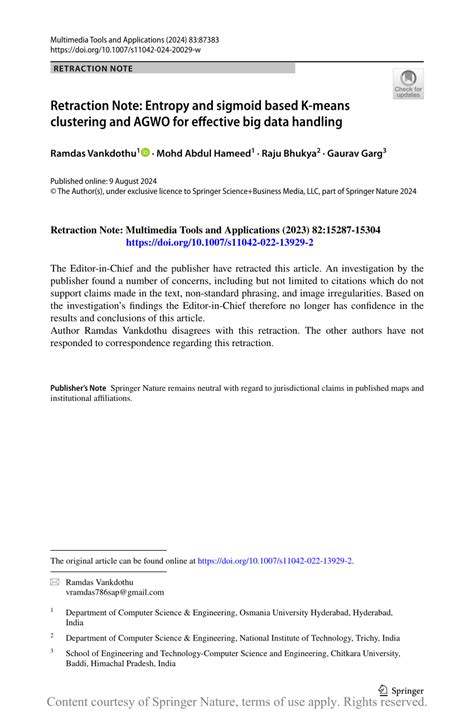 Retraction Note Entropy And Sigmoid Based K Means Clustering And Agwo For Effective Big Data