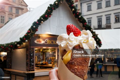 Trdelnik Typical Czech Dessert With Cream And Strawberry Old Town
