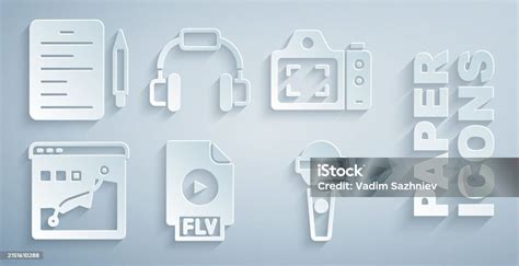 Flv 파일 문서 사진 카메라 히스토그램 그래프 사진 마이크 헤드폰 및 시나리오 아이콘을 설정합니다 벡터 0명에 대한 스톡 벡터 아트 및 기타 이미지 Istock