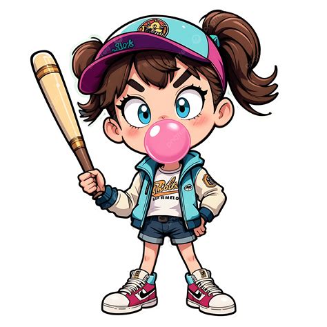 Cartoon Girl With Baseball Bat Blowing Bubble Bat Clipart Baseball Clipart Bubble Clipart Png