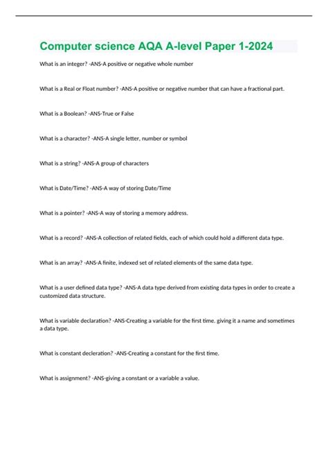 Computer Science Aqa A Level Paper 1 2024 Aqa A Level Computer