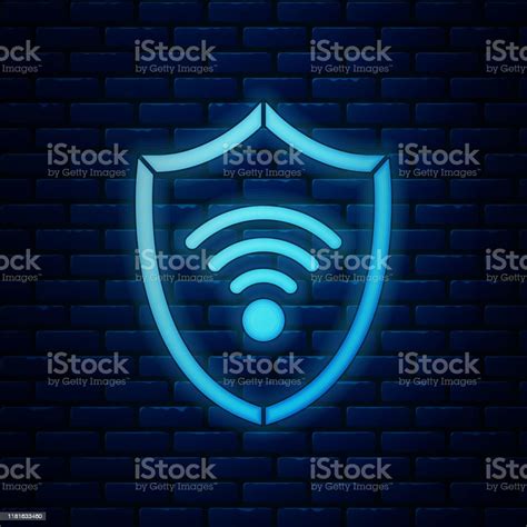 벽돌 벽 배경에 격리 된 Wifi 무선 인터넷 네트워크 기호 아이콘으로 빛나는 네온 방패 보호 안전 개념 벡터 일러스트레이션 0