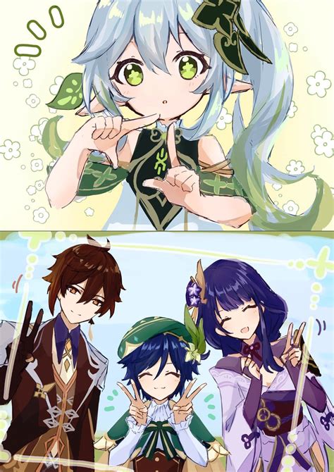 「ナヒーダちゃんがこのポーズしてたら写りこんでくる神様達 」緑花の漫画