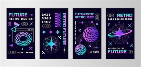 레트로 미래의 인스타그램 스토리 컬렉션 프리미엄 벡터