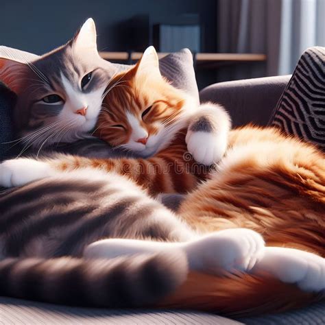 Cuddle For Two The Sofa As A Scenario For Feline Friendship Stock