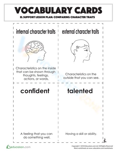 Vocabulary Cards Internal And External Character Traits Worksheet