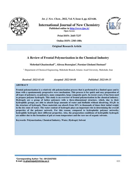 PDF A Review Of Frontal Polymerization In The Chemical Industry