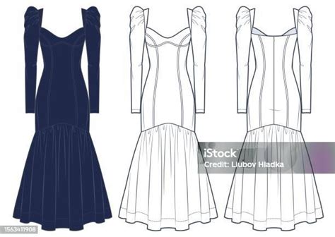 여성 퍼프 슬리브 드레스 기술 패션 일러스트레이션 맥시 드레스 패션 플랫 기술 도면 템플릿 긴 소매 집업 슬림 핏 전면 및 후면