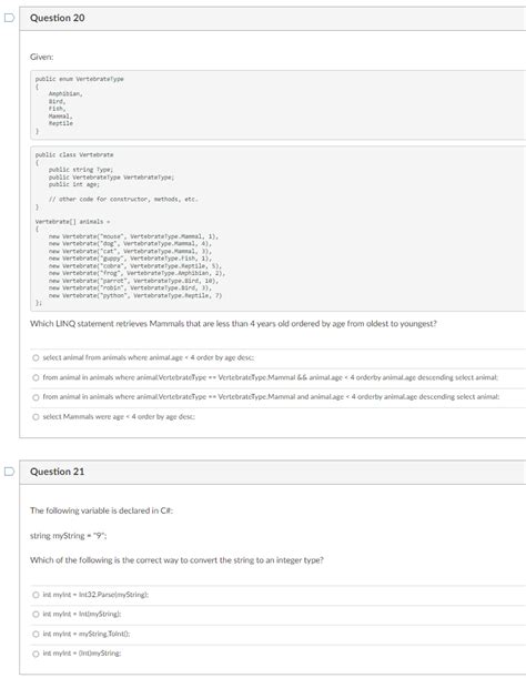 Solved D Question 20 Given Public Enum Vertebratetype