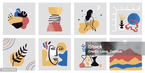 손으로 그린 현대 다채로운 예술 포스터의 컬렉션 현대 트렌디 한 일러스트의 추상 세트 합성 이미지에 대한 스톡 벡터 아트 및