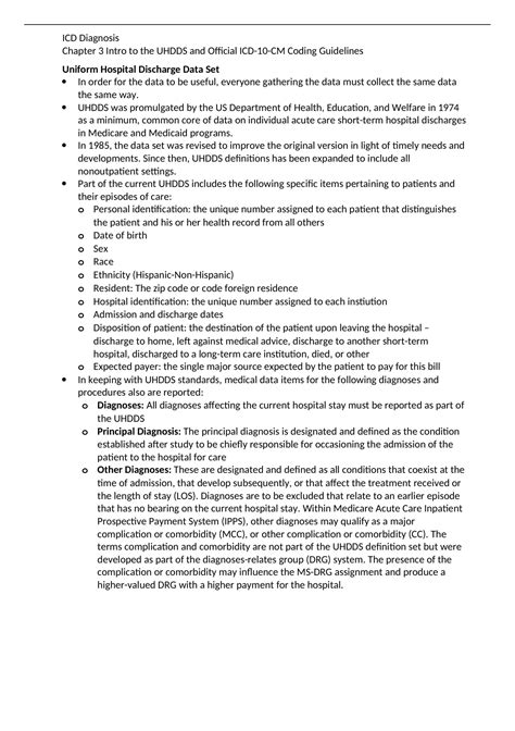 Summary Chapter 3 Intro To Uhdds And Icd 10 Cm Guidelines Icd