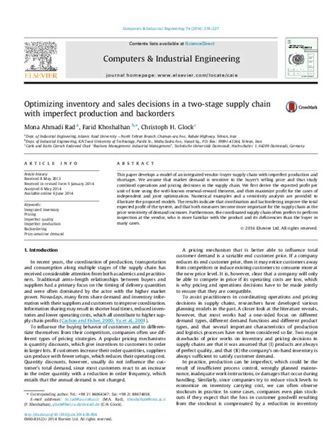 Pdf Optimizing Inventory And Sales Decisions In A Two Stage Supply Chain With Imperfect