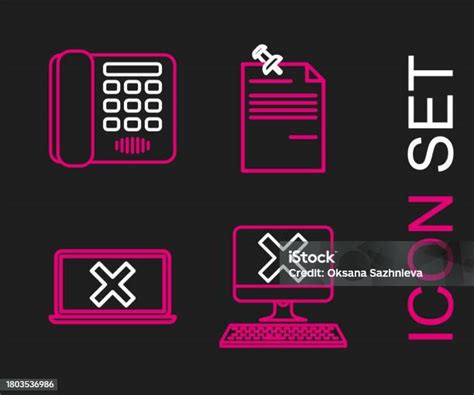 키보드와 X 표시가 있는 컴퓨터 화면에 노트북 십자형 메모 용지가 고정된 푸시 버튼 및 전화 아이콘을 설정합니다 벡터 0명에 대한 스톡 벡터 아트 및 기타 이미지 Istock