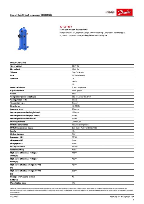 Compressor Danfoss Hcj106t4lc8 121l3120 Comm Air Australia