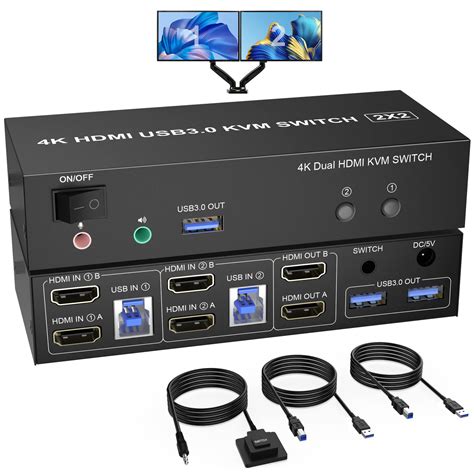 Getuscart Usb 3 0 Dual Monitor Kvm Switch Hdmi 2 Port 4k 60hz Extended Display Kvm Switch 2