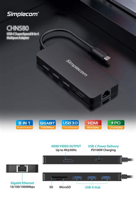 Simplecom CHN580 USB C SuperSpeed 8 In 1 Multiport Hub Adapter