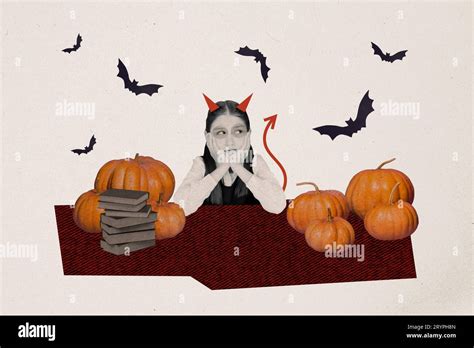 Composite Collage Picture Image Of Funny Schoolgirl Devil Demon Horns Tail Hell Books Witch