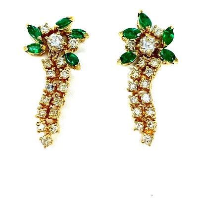 14k Yellow Gold Emerald And Diamond Drop Earrings Ebay
