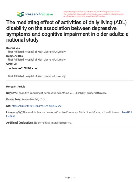 Pdf The Mediating Effect Of Activities Of Daily Living Adl
